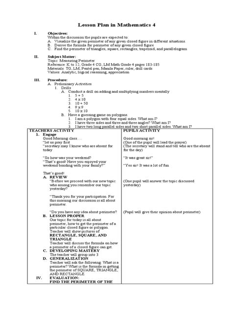Lesson Plan In Mathematics 4 Cot Pdf