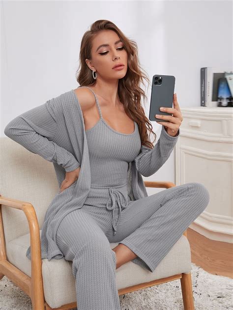 3 Piece Waffle Knit Cami Top And Trousers And Robe Pj Set Dress Chiffon