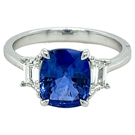 Natural No Heat Ceylon Gia Blue Cushion Sapphire Diamond Platinum Three
