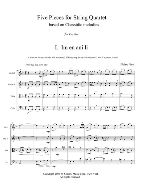 Elaine Fines Thematic Catalog Five Pieces For String Quartet Based On Chassidic Melodies