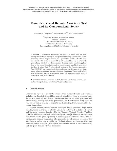 Pdf Towards A Visual Remote Associates Test And Its Computational Solver