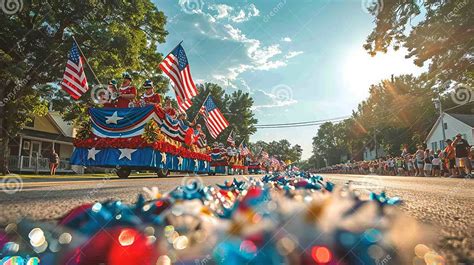 Parade With Patriotic Floats And Marching Bands Community Gathering