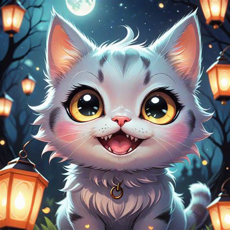 Spooky Kawaii Chibi Cute Cat Face Whimsical Chibi Cat Face