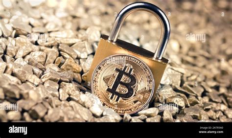 bitcoin blockchain security concept with key lock on gold pile