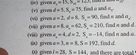 V Given D 5 S9 75 Find A And A9 Vi Given A 2 D 8 Sn 90 Find N