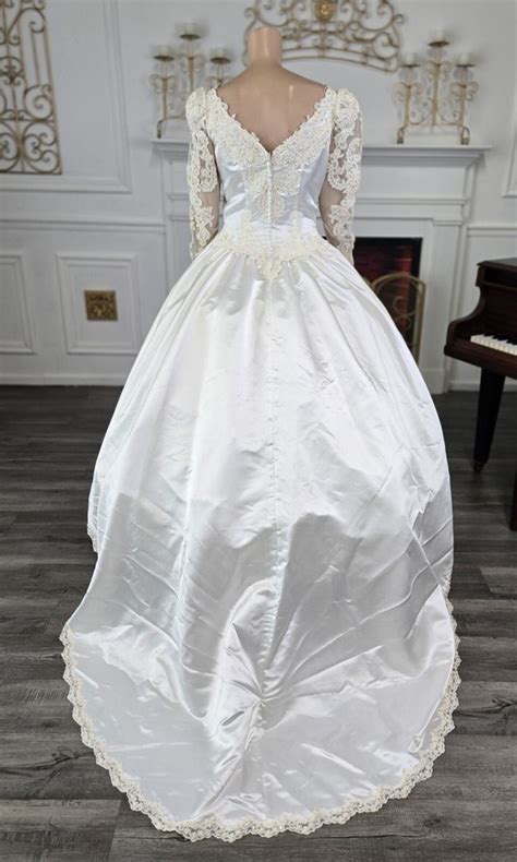 Alfred Angelo Vintage 80s 90s White Satin Alencon Long Sleeve Wedding