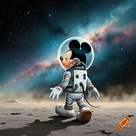 Mickey Mouse In A Retro Space Suit Walks On A Planet Surface With A