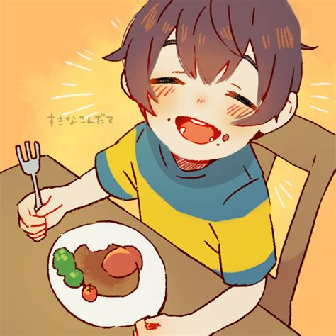 Safebooru 1boy Black Hair Blush Chair Closed Eyes Facing Viewer Food