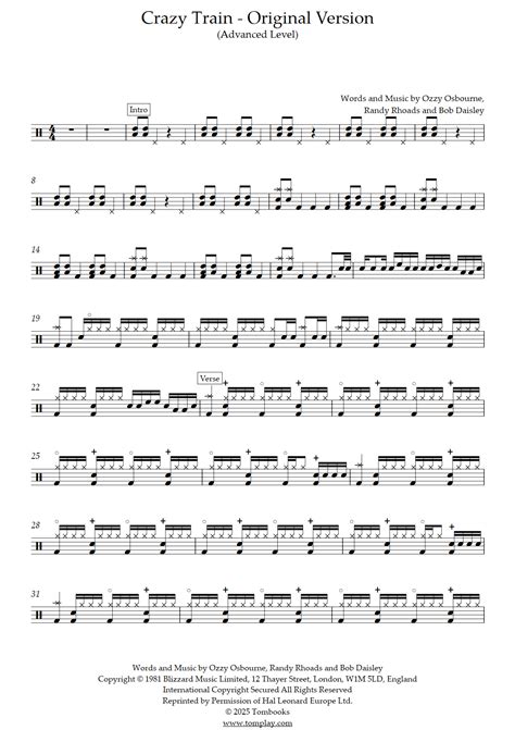 Crazy Train Original Version Advanced Level Ozzy Osbourne Drums