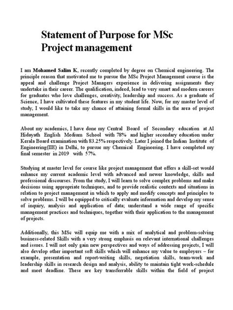 Statement Of Purpose Mba Pdf Project Management Masters Degree