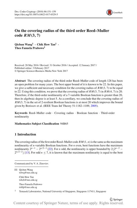 On The Covering Radius Of The Third Order Reedmuller Code Rm3 7 Request Pdf