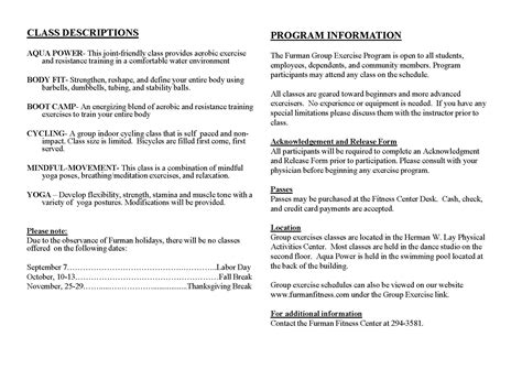 Fall 2015 Group Exercise Class Schedule Live Well Furman