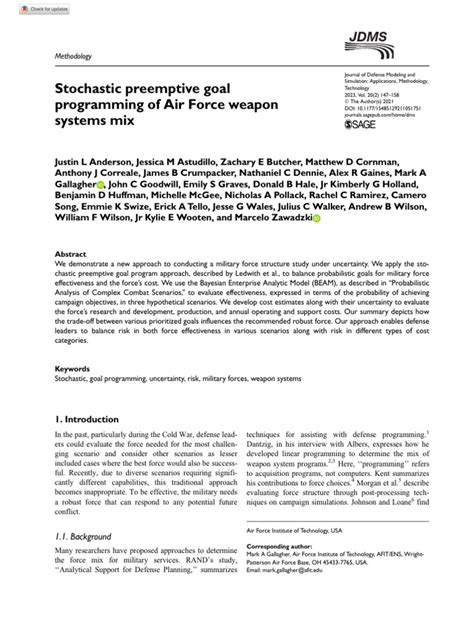 Anderson Et Al 2021 Stochastic Preemptive Goal Programming Of Air Force Weapon Systems Mix Pdf