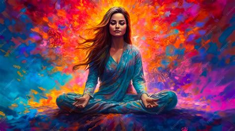 Hermosa Mujer Sentada En Postura De Loto Meditación Yoga Kundalini Tantra Ayurveda Aura Chakras