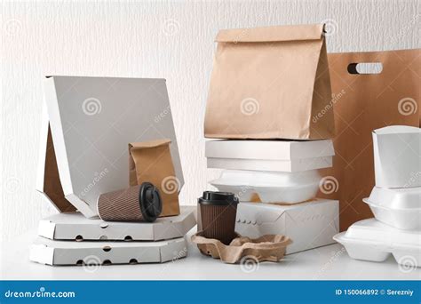 Assortment Of Food Delivery Containers On White Table Royalty Free Stock Image Cartoondealer