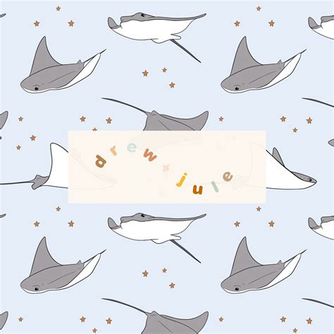 Sting Rays Blue Seamless Pattern Digital Download Retro Boho