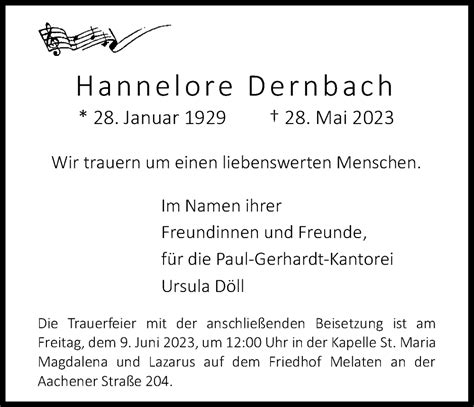 Traueranzeigen Von Hannelore Dernbach Wirtrauern