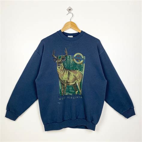 90s Wildlife White Tailed Deer Crewneck Sweatshirt Print Logo Blue