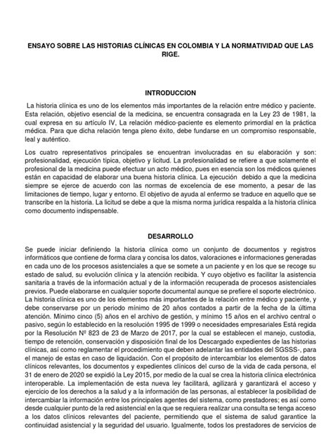 Ensayo Sobre Las Historias ClÍnicas En Colombia Y La Normatividad Que