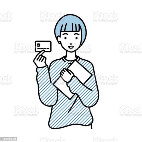 신용 카드와 문서 파일 노트북을 들고 캐주얼 스타일의 여성 금융에 대한 스톡 벡터 아트 및 기타 이미지 금융 노트북 노트북 사용하기 Istock