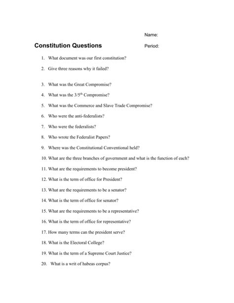Us Constitution Questions Worksheet