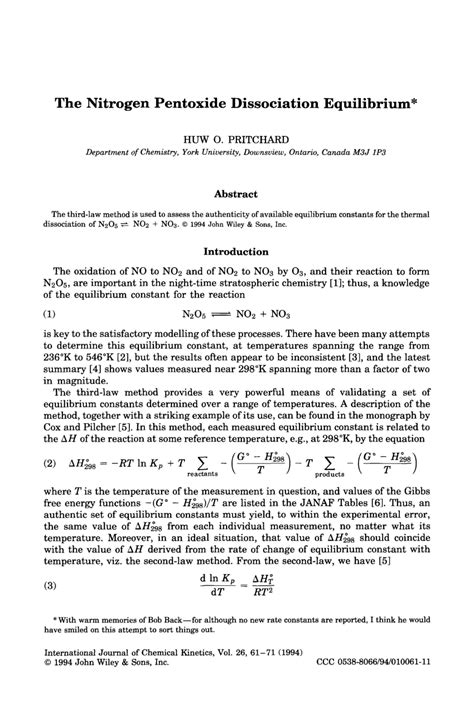 Pdf The Nitrogen Pentoxide Dissociation Equilibrium