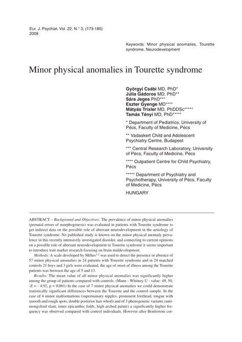 Pdf Minor Physical Anomalies In Tourette Syndrome