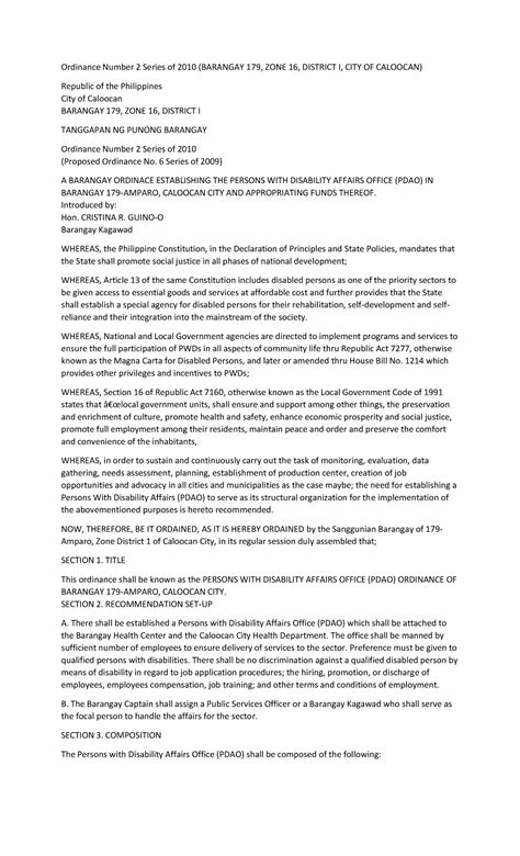 Pdao Ordinance No 2 Series Of 2010 Establishing Disability Affairs