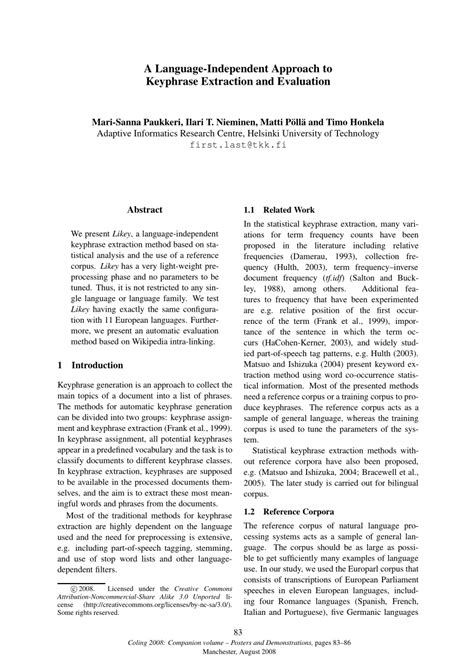 Pdf A Language Independent Approach To Keyphrase Extraction And Evaluation