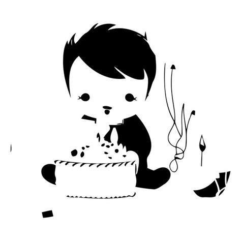 생일 케이크와 풍선을 가진 귀여운 소년 터 만화 일러스트레이션 프리미엄 벡터