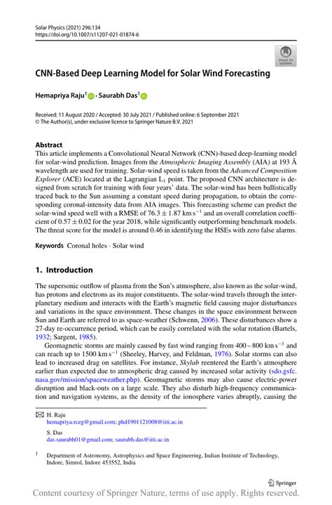 Cnn Based Deep Learning Model For Solar Wind Forecasting Request Pdf