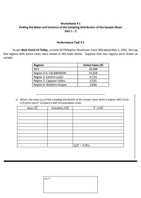 Solved Worksheets 1 Finding The Mean And Variance Of The Sampling