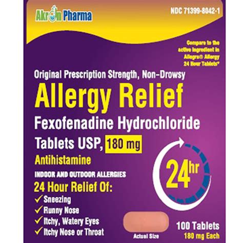 Fexofenadine 180mg Allergy Relief Tablets 24 Hour Relief 100 Tablets