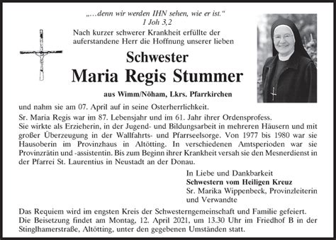 Traueranzeigen Von Maria Regis Stummer Mittelbayerische Trauer