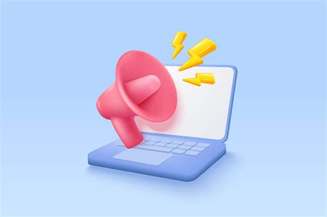 승진 발표를 위한 3d 메가폰 스피커 또는 확성기 불혼 소셜 미디어에 노트북이 있는 확성기 확성기 스피커폰 3d 노트북 벡터 아이콘 경고 발표를 위한 렌더링 일러스트레이터