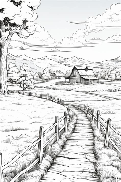 Premium Photo A Drawing Of A Country Landscape With A Path Leading To