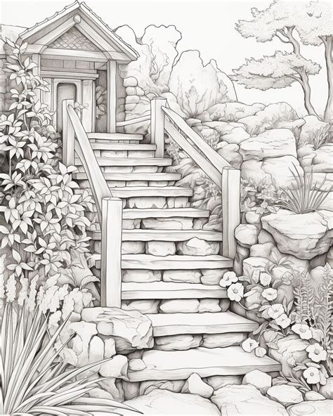 Stairs In Garden Coloring Pages Premium Ai Generated Image