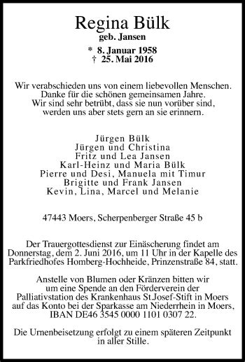 Traueranzeigen Von Regina Bülk Trauer In Nrw De