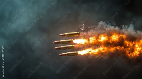 Flying Bullets With Fire And Smoke Traces Vector Realistic Set Of