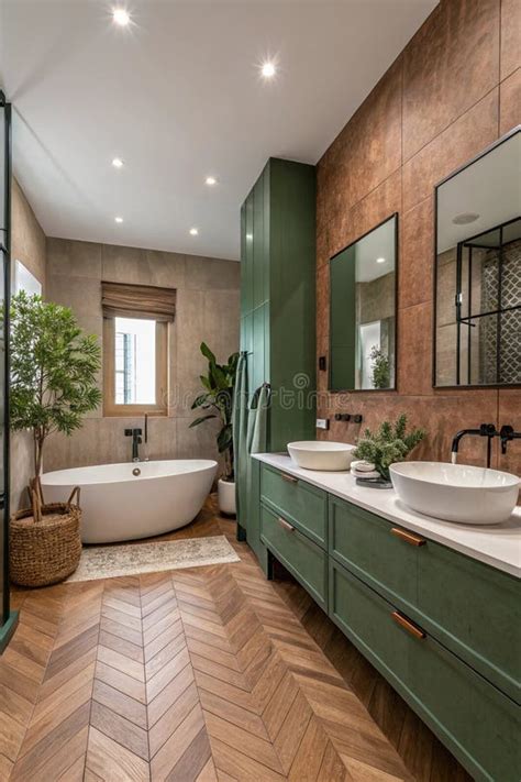 Interior Moderno Da Casa De Banho Com Tom De Solo E Paredes Verdes Cor Do Chão Da Banheira Dupla