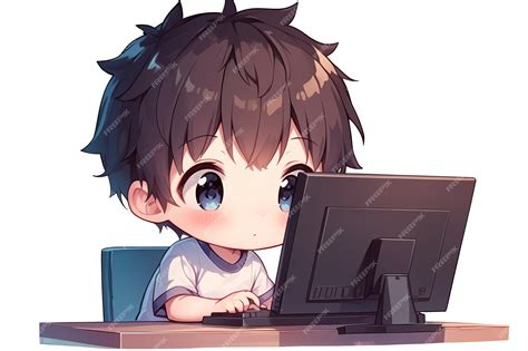 Premium Photo Serious Anime Chibi Cartoon Boy Working At A Laptop On