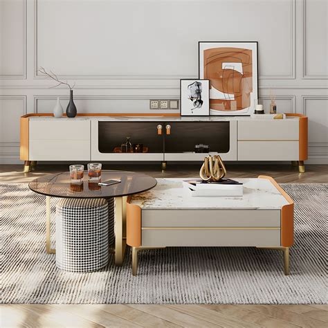 4 Drawers Glam Tv Stand Stone Counter Top Enclosed Storage Tv Cabinet