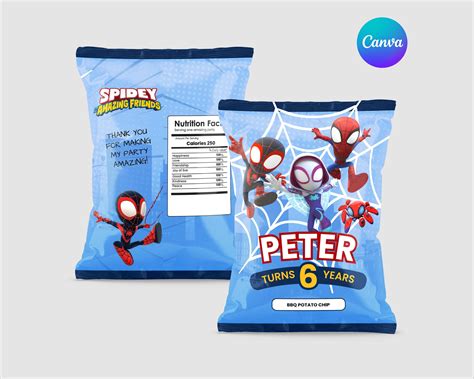 Editable Spiderman Chip Bag Label Superhero Birthday Canva Template