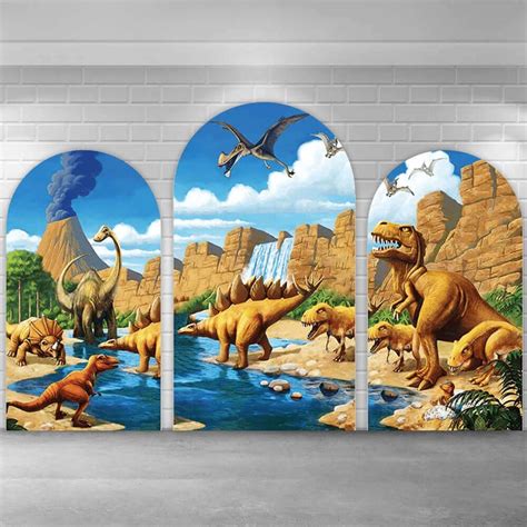 Dinosaur Arch Backdrop Set With Volcano And Waterfall Design Webackdrops