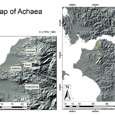 Map Of Achaea On The Left Patras And Mt Panachaikon Area With
