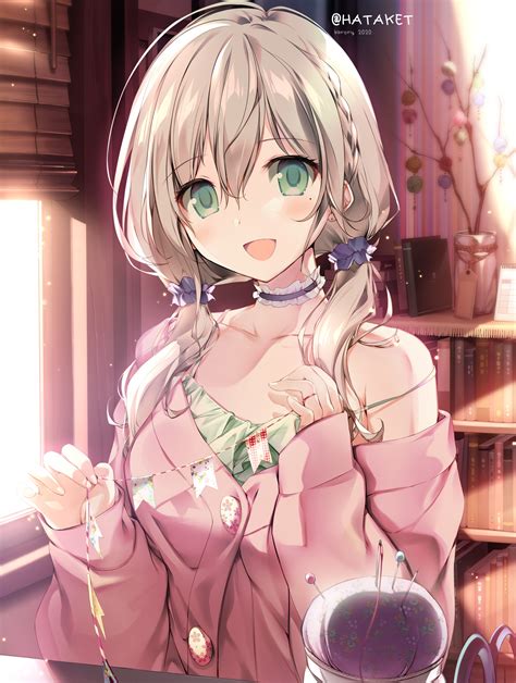 Karory Original Highres 1girl Book Braid Breasts Buttons Choker