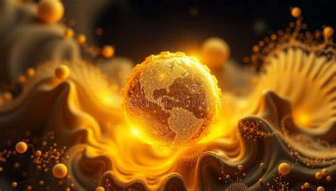Golden Planet Earth Emerging With Dotted Connections And Flowing Liquid