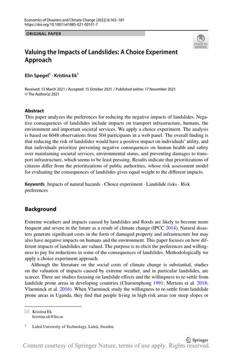 Pdf Valuing The Impacts Of Landslides A Choice Experiment Approach