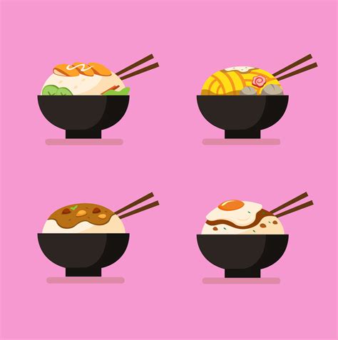 Rice Bowl And Noodle Menu Collection Icon Set Chicken Noodle With