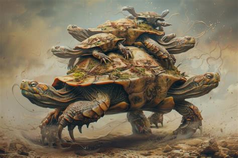 A Surreal Depiction Of A Turtle With Multiple Heads And Limbs Walking Across A Dusty Landscape A